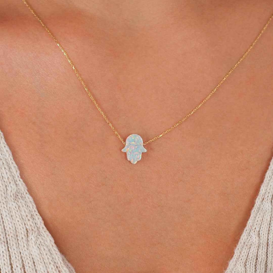 14K Solid Gold Hamsa Hand Necklace, Protection Opal Pendant, Opal White ...