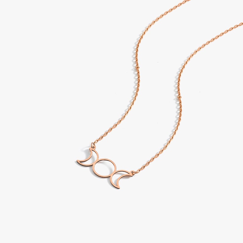 14K Solid Gold Triple Moon Necklace, Moon Phase Necklace, Gold Moon ...
