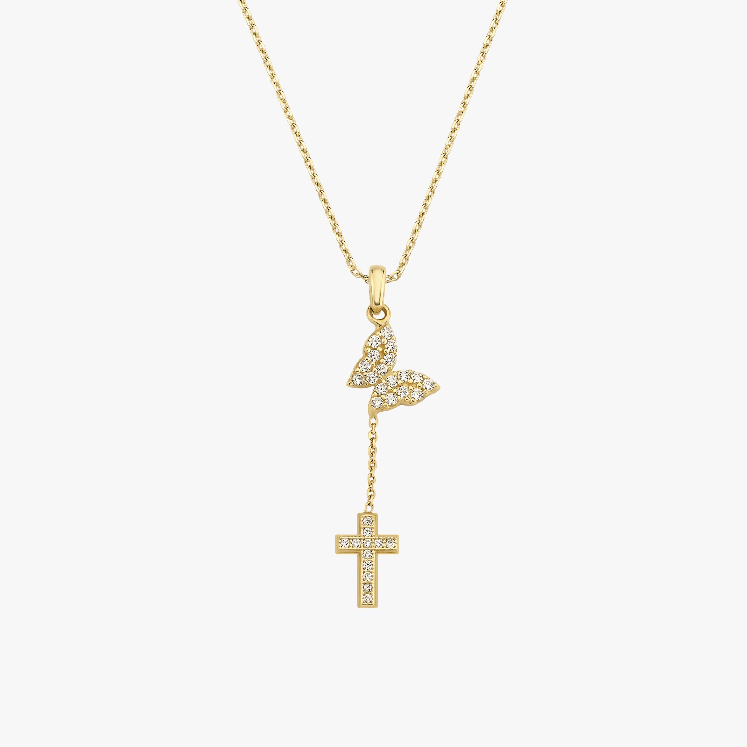 14K Gold Butterfly Cross Necklace, Crucifix Y Necklace, Butterfly ...