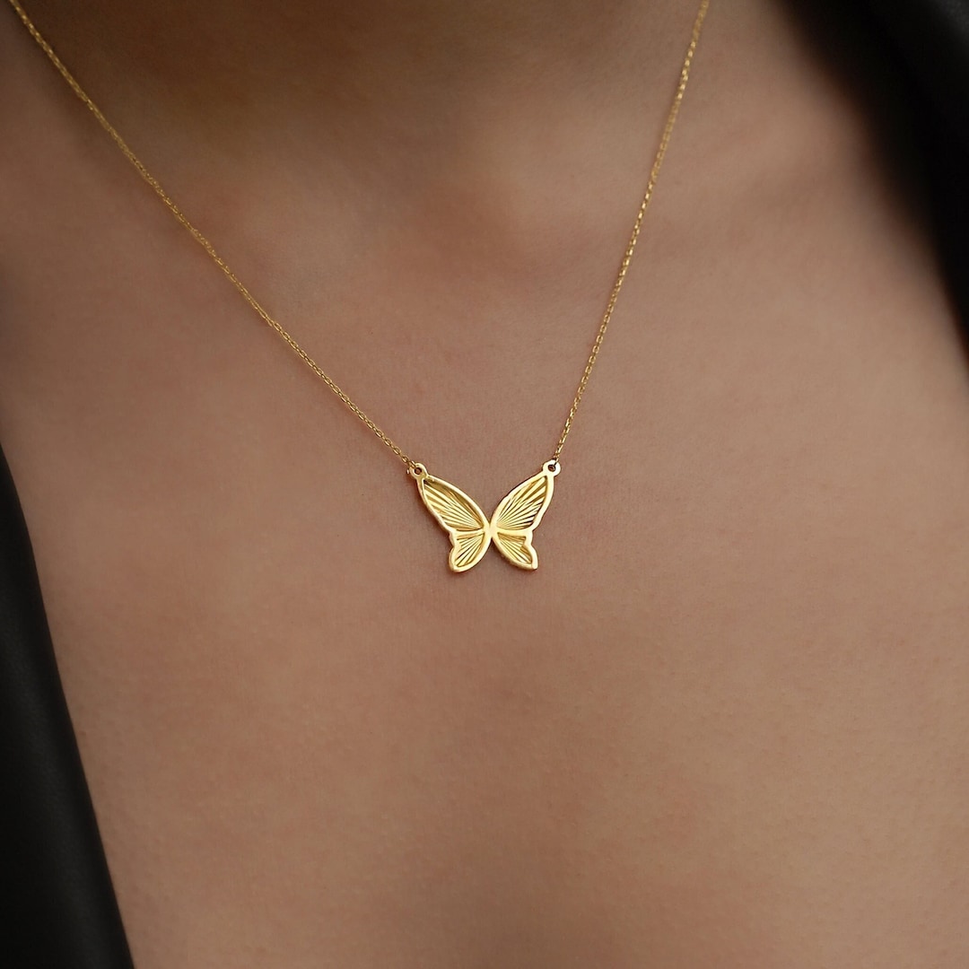 14K Solid Gold Butterfly Necklace for Women, Dainty Sun Ray Butterfly ...