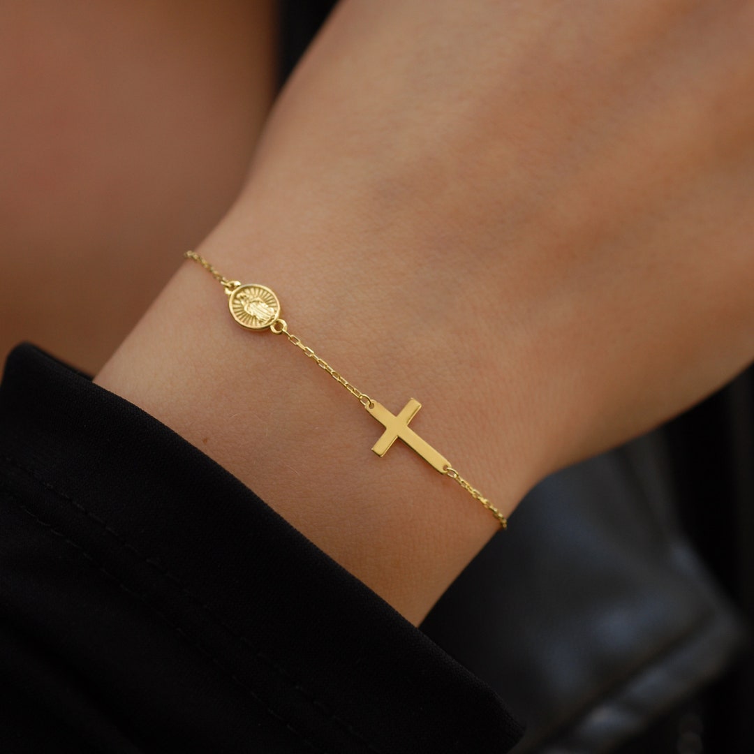 14K Solid Gold Cross Bracelet for Women, Miraculous Medal, Catholic Rosary Bracelets for Women ...