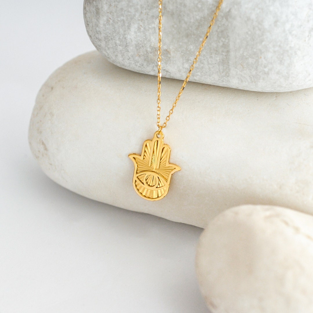 14K Solid Gold Hamsa Necklace: Protection Pendant, Gift for Mom - Etsy