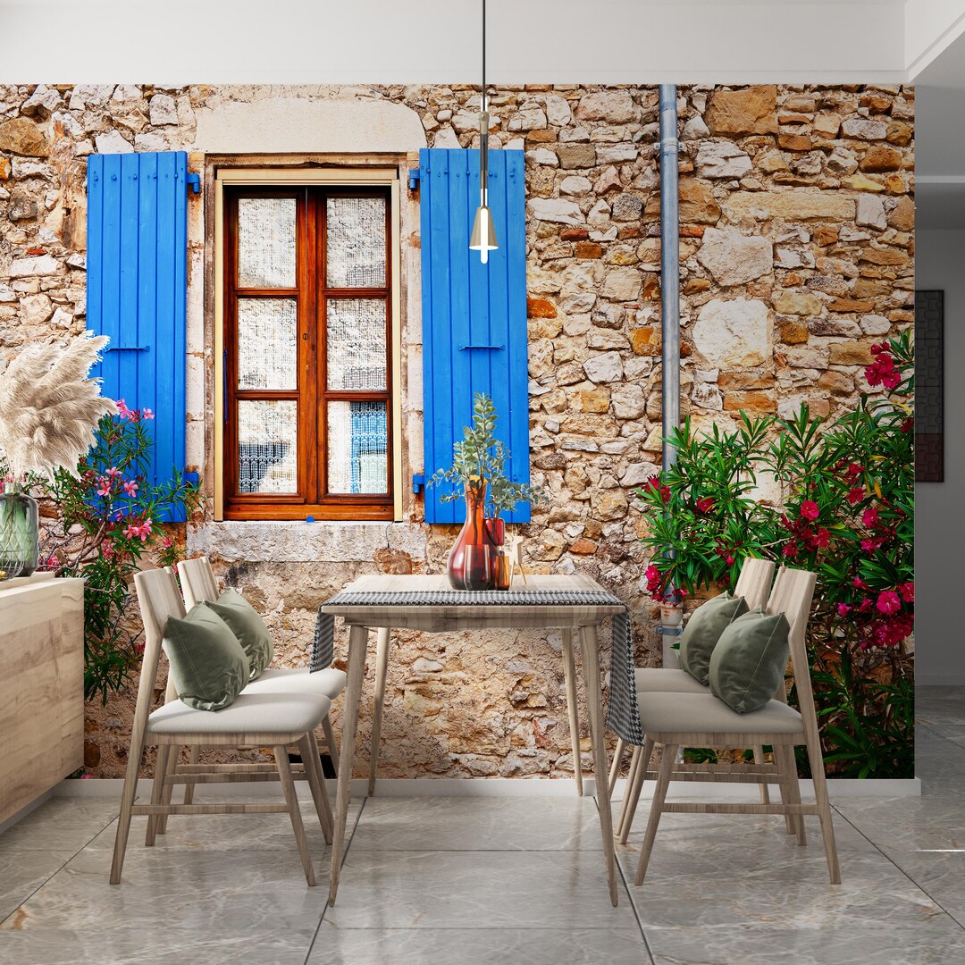 Blue Window Stone Wall Decal: Peel & Stick Removable Wallpaper - Etsy