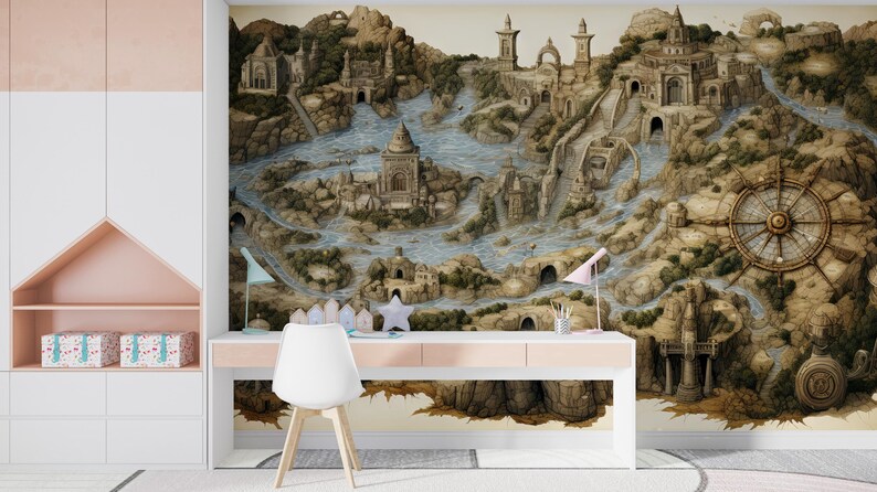 Peel and Stick Fantasy Map Wallpaper - Earth Tones Office Wall Mural - Etsy