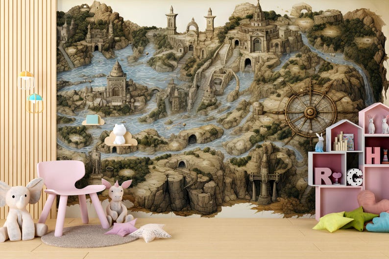 Peel and Stick Fantasy Map Wallpaper - Earth Tones Office Wall Mural - Etsy