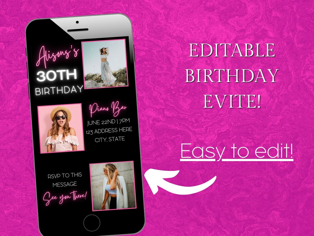 EDITABLE Evite for Any Age Neon Pink Evite Text Invitation - Etsy UK