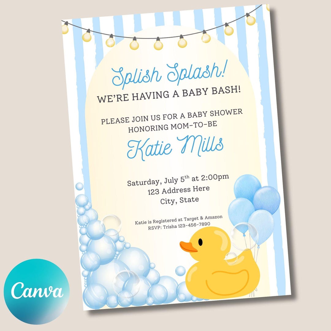 Editable Rubber Duck Baby Shower, Splish Splash Baby Bash, Yellow Duck ...
