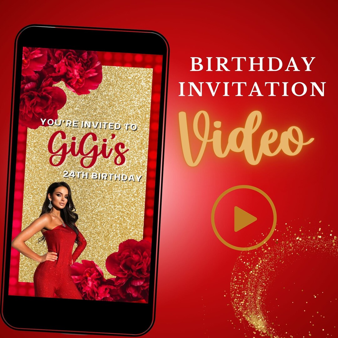 Red and Gold Video Evite, Birthday Evite, Birthday Invitation, Video ...