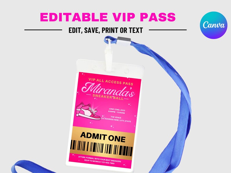 Editable VIP Sneaker Ball Pass, Canva Template, VIP Pass Template ...