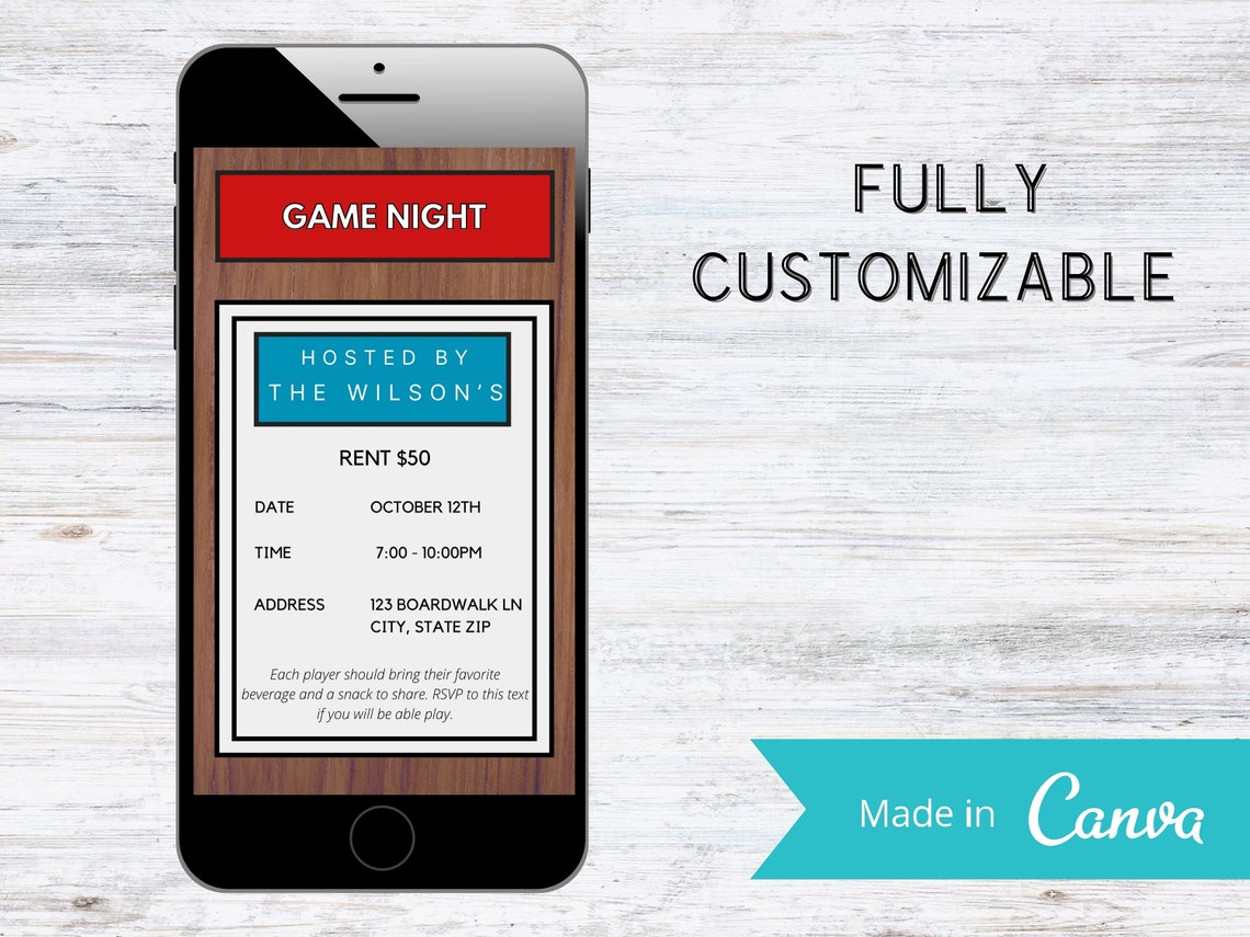 Game Night Evite, Game Night Invitation, Text Invitation, Monopoly ...