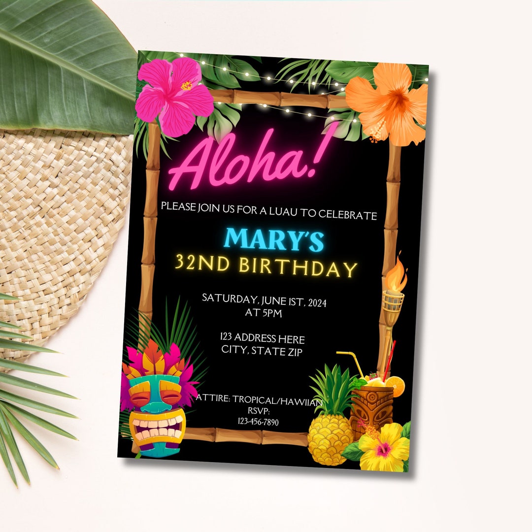 Hawaiian Luau Theme Invitation Template, Tiki Birthday Evite, Tiki Invitation, Hawaiian Party ...