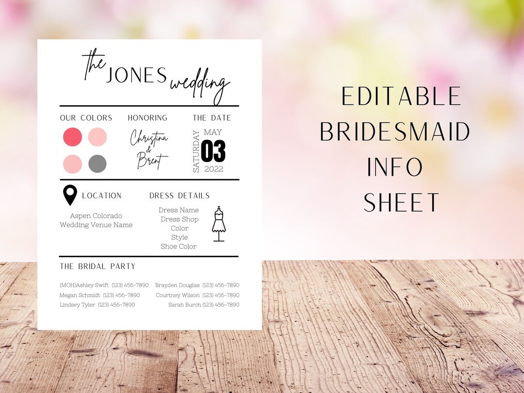 Editable Bridesmaid Info Sheet Template, Bridal Party Information ...