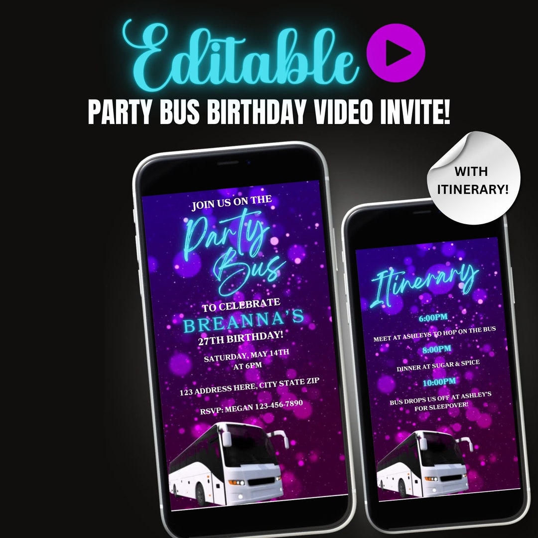Editable Party Bus Video Invitation, Birthday Party Bus Evite, Editable ...