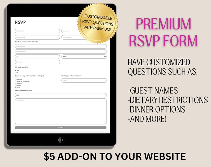 Add on Purchase for Website, Custom RSVP Form, Personalized Questions ...