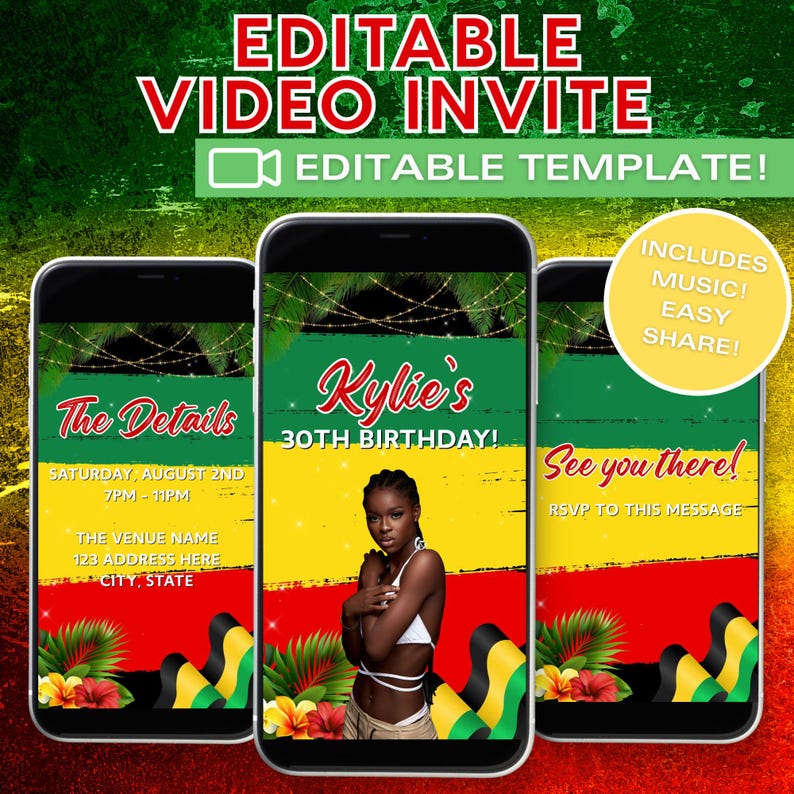 Jamaican Video Invitation, One Love Party Invite, Jamaica Invite, Red ...