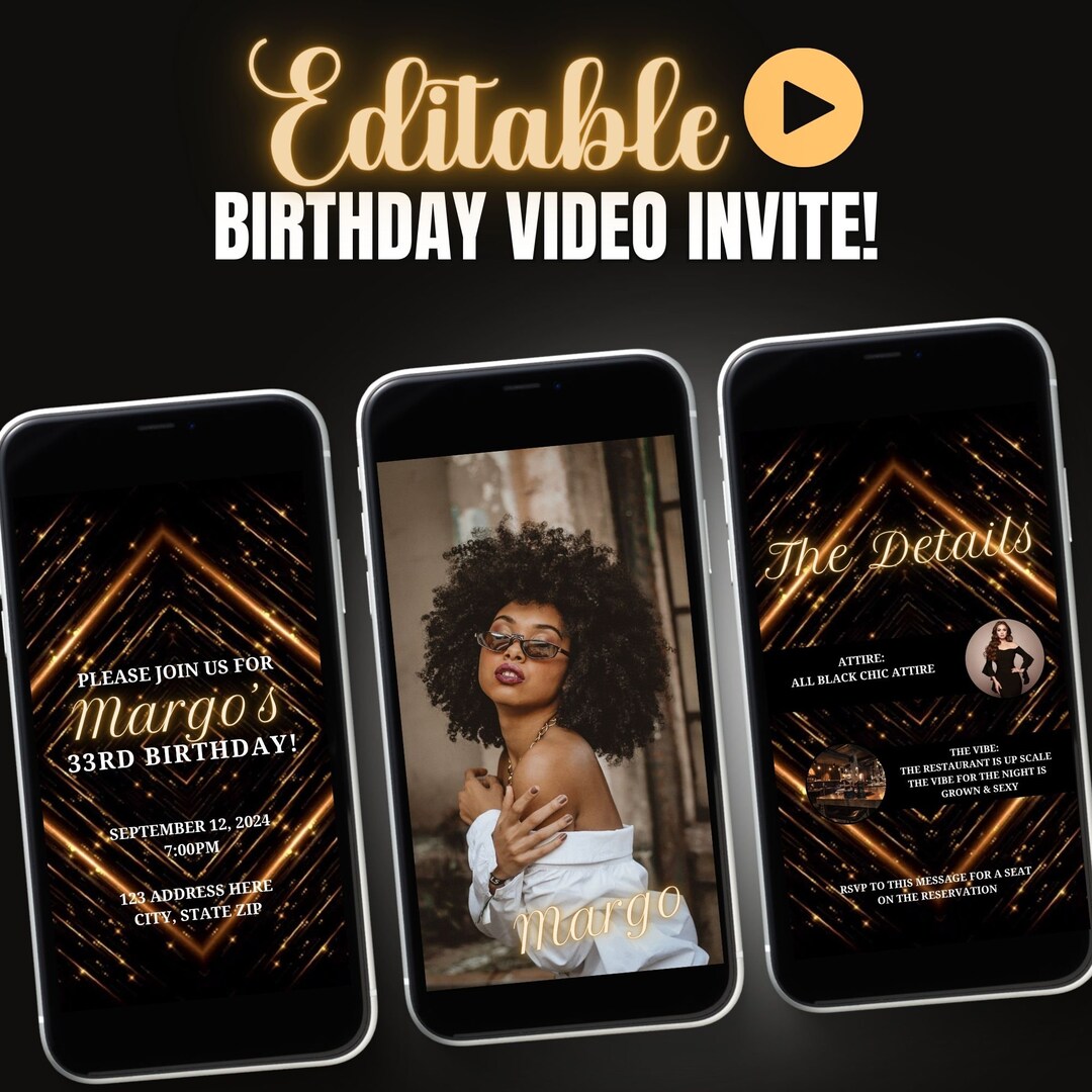 Editable Video Invitation, Black and Gold Birthday Evite, Editable ...