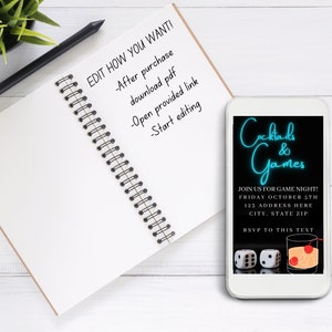 Game Night Evite, Text Invitation, Cocktails and Games, Canva Template ...