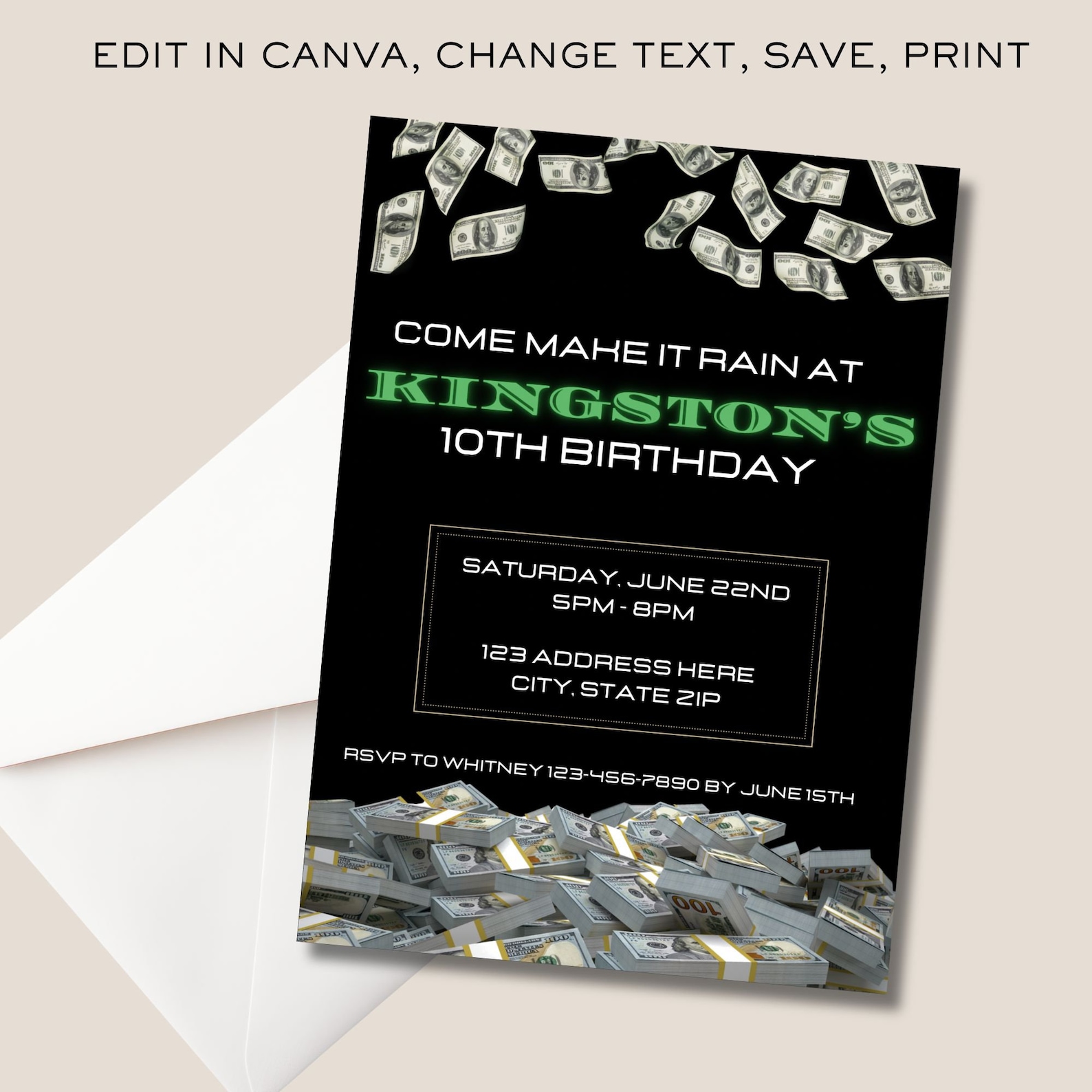 Money Theme Birthday Invitation, Money Evite, Make It Rain Invite ...