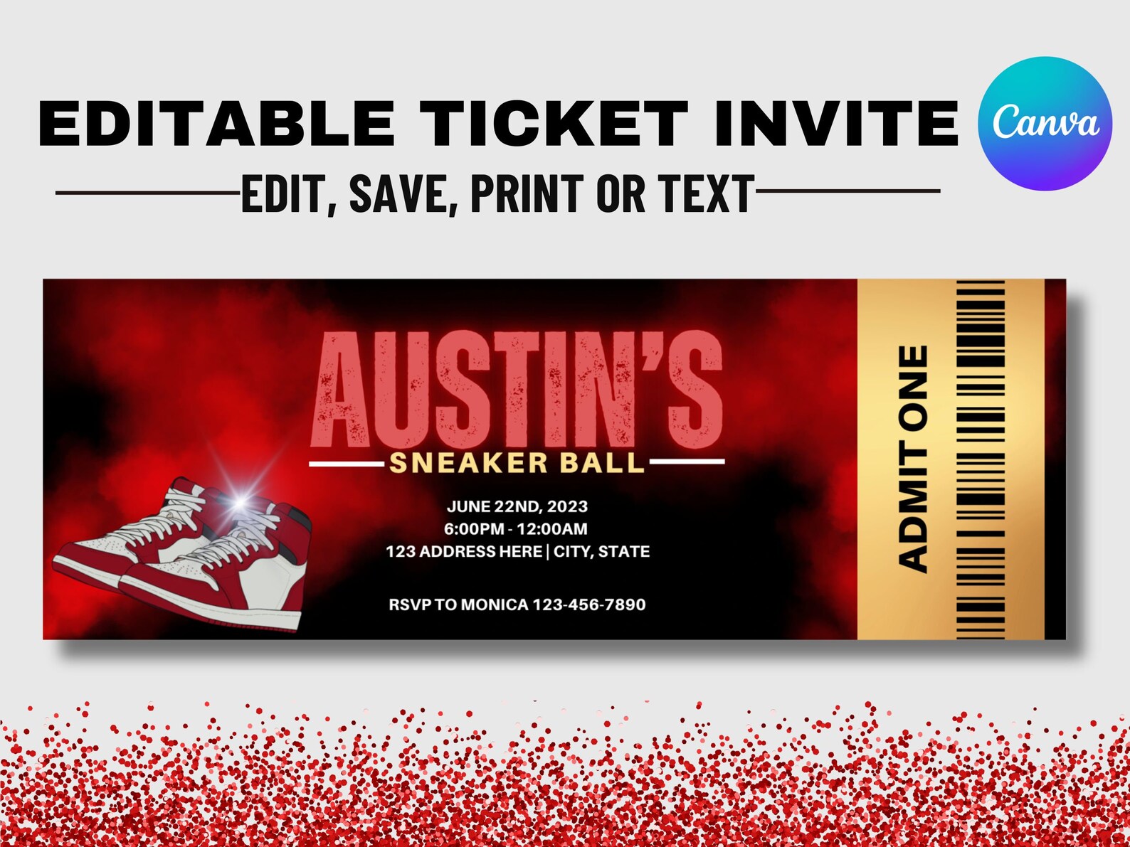 EDITABLE Sneaker Ball Ticket Template, Ticket Invitation, Editable ...