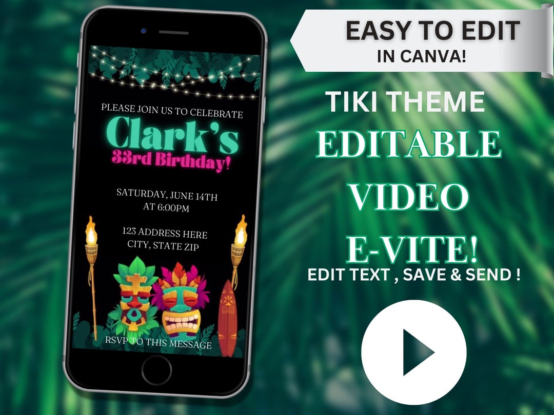 Editable Tiki Video Invite, Tiki Birthday, Tropical Invite, Hawaiian ...