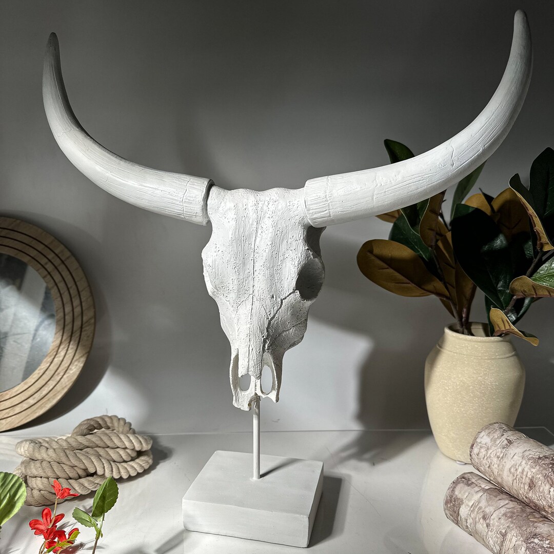 White Bull Skull Replica W/ Base Longhorn Skull Country Decor Cow Skull ...