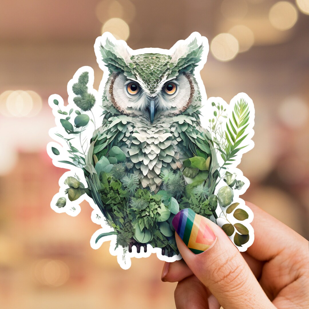Owl Sticker, Green Owl Leaves Sticker, Plants Sticker, Laptop Sticker ...