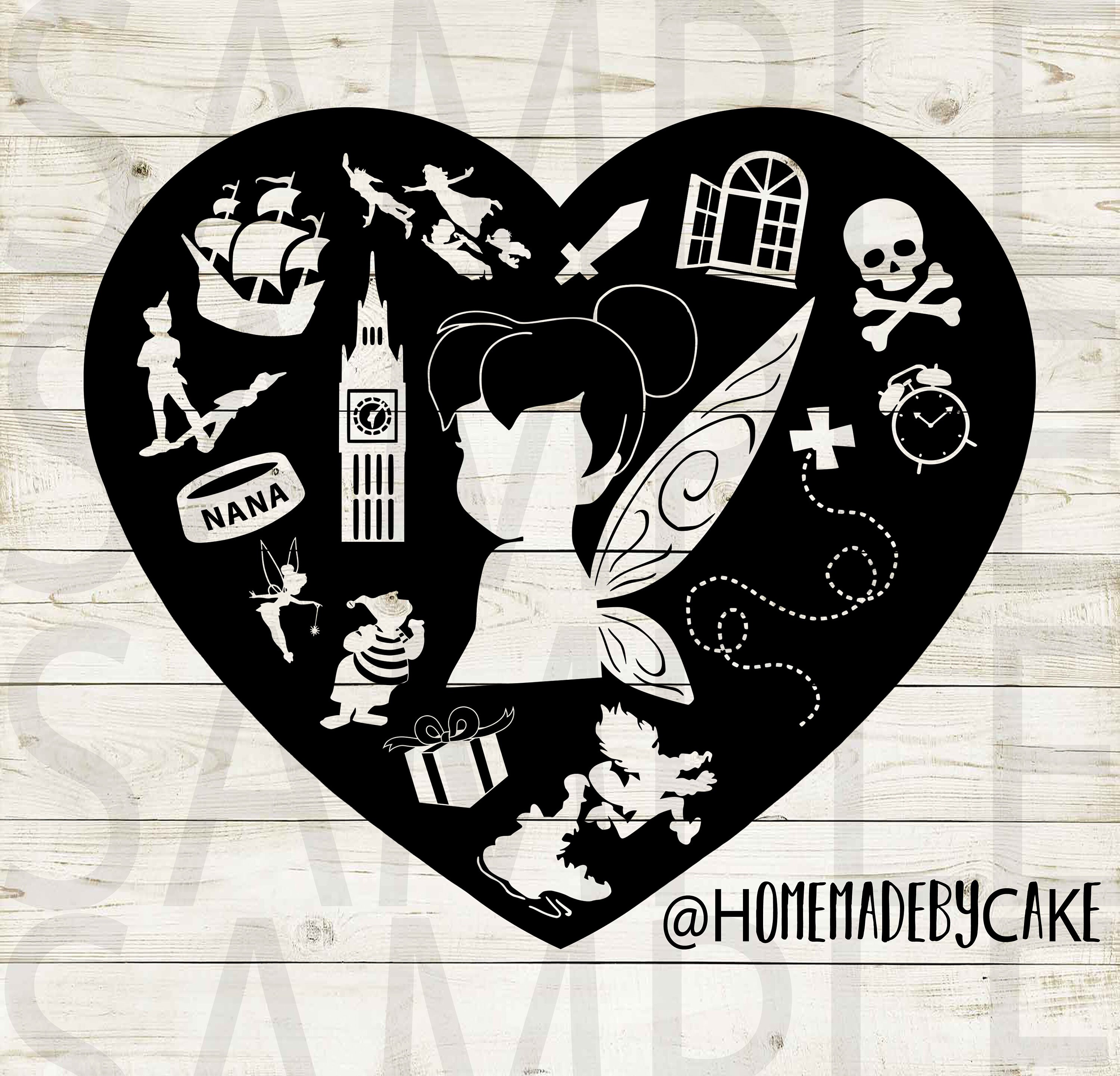 Peter Pan Tinkerbell Clipart Silhouette Cutout Heart Design Artwork ...