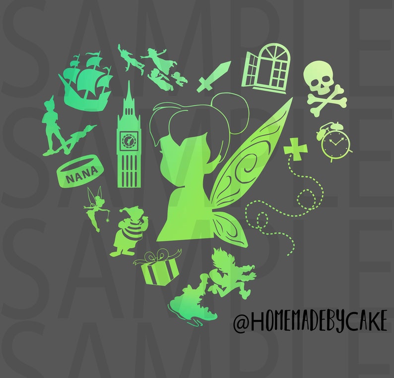 Peter Pan Tinkerbell Clipart Silhouette Multicolor Heart Design Artwork ...