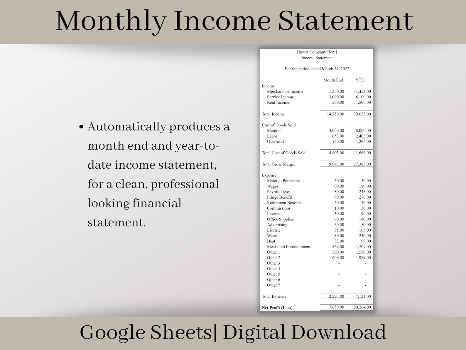 Monthly Income Statement, Monthly Profit and Loss, Easily Fillable and ...