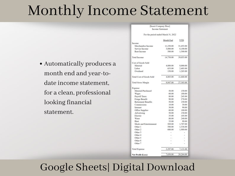 Monthly Income Statement, Monthly Profit and Loss, Easily Fillable and ...