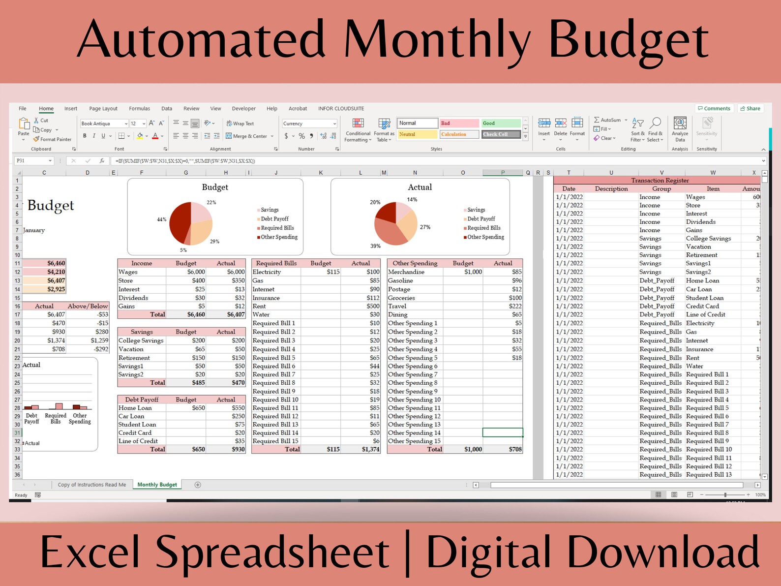Monthly Budget Spreadsheet Excel Automated Budget Planner | Etsy