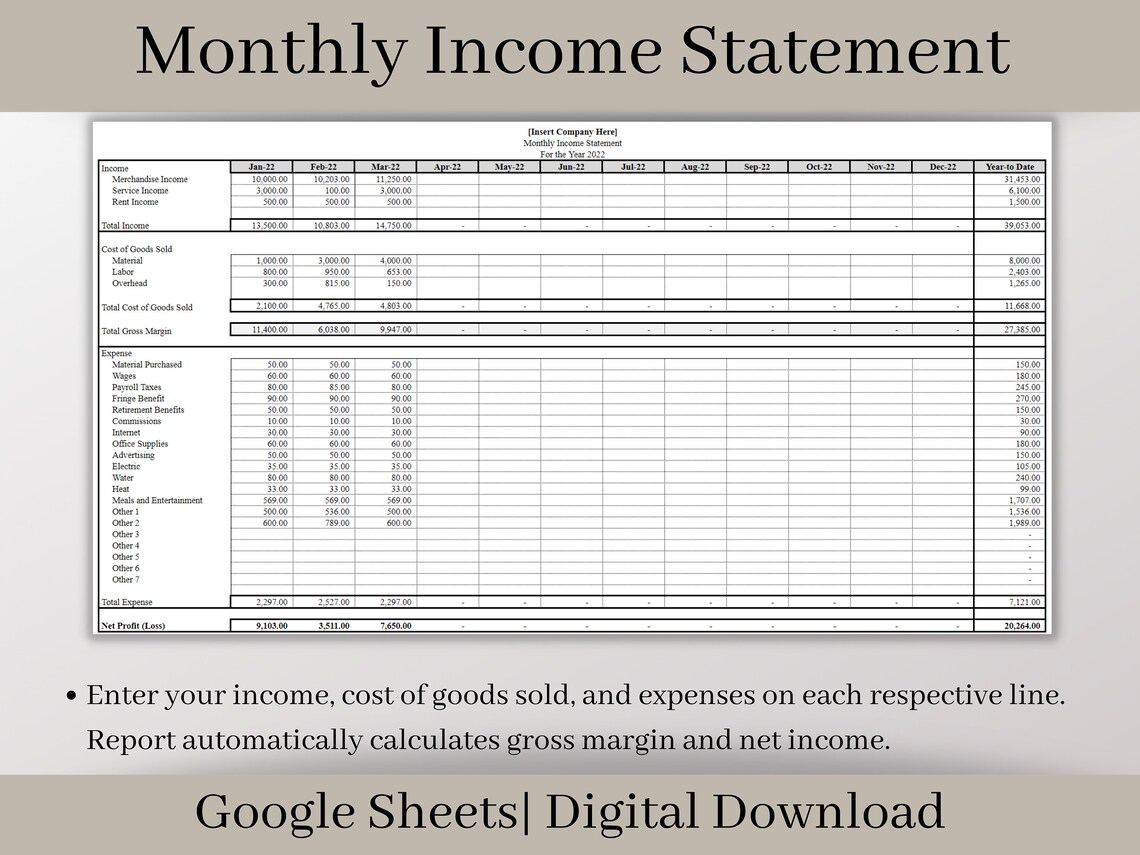 Monthly Income Statement, Monthly Profit and Loss, Easily Fillable and ...