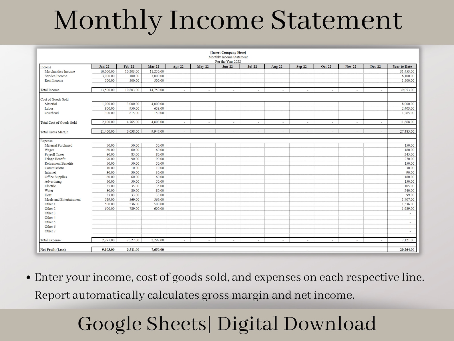 Monthly Income Statement, Monthly Profit and Loss, Easily Fillable and ...
