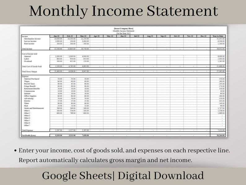 Monthly Income Statement, Monthly Profit and Loss, Easily Fillable and ...
