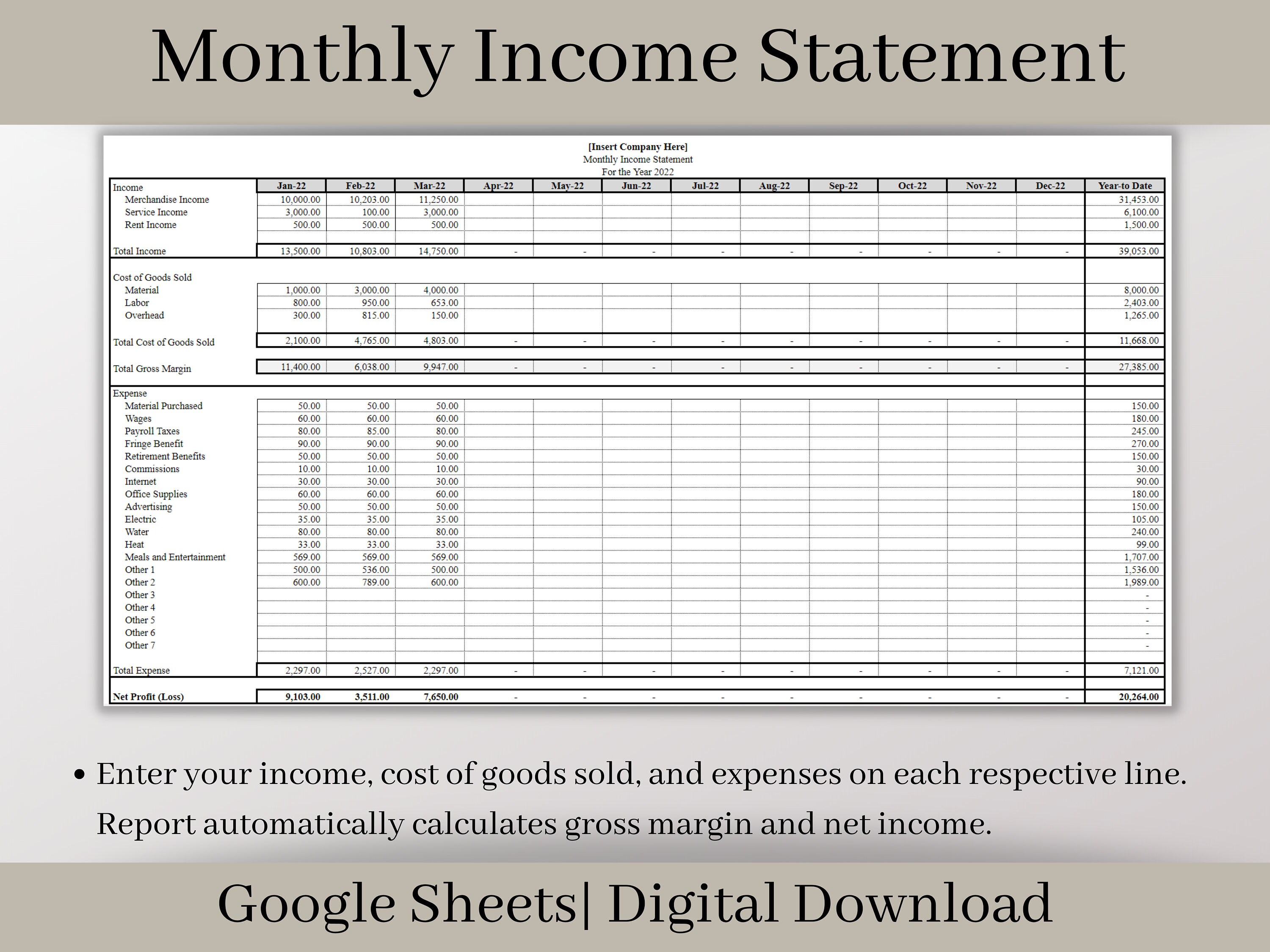 Monthly Income Statement, Monthly Profit and Loss, Easily Fillable and ...