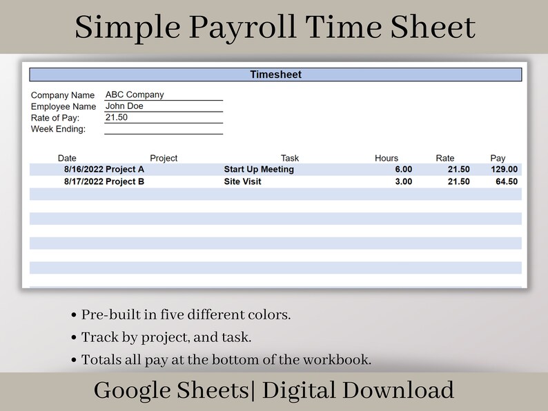 Payroll Time Sheet, Easy to Use Employee Time Card Report, Google ...
