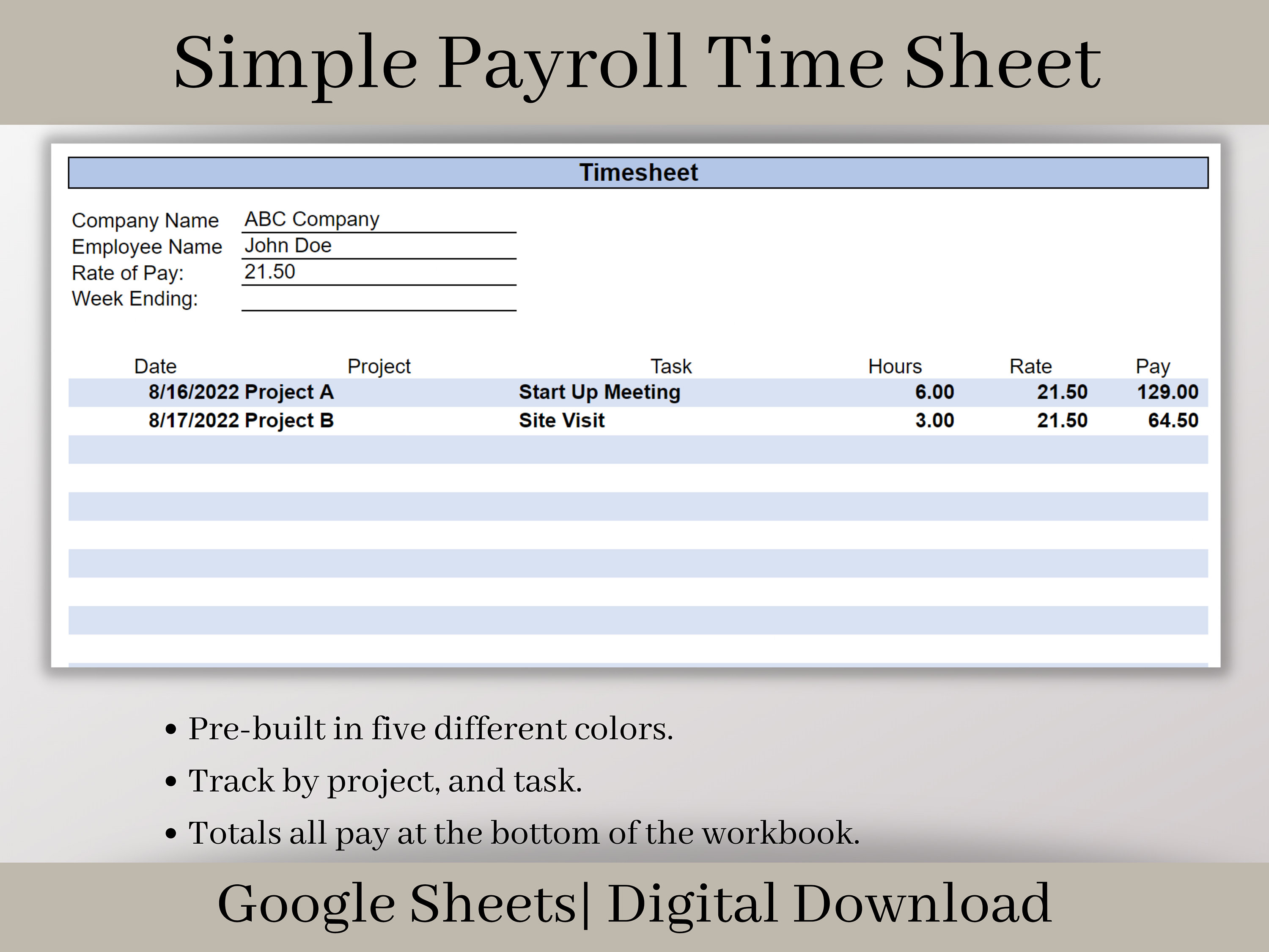 Payroll Time Sheet, Easy to Use Employee Time Card Report, Google ...