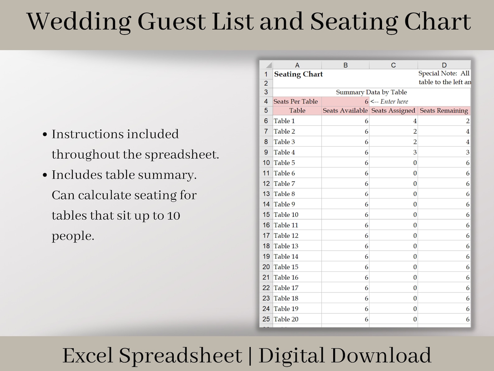 Wedding Guest List and Seating Chart Spreadsheet, Excel Template, Plan ...