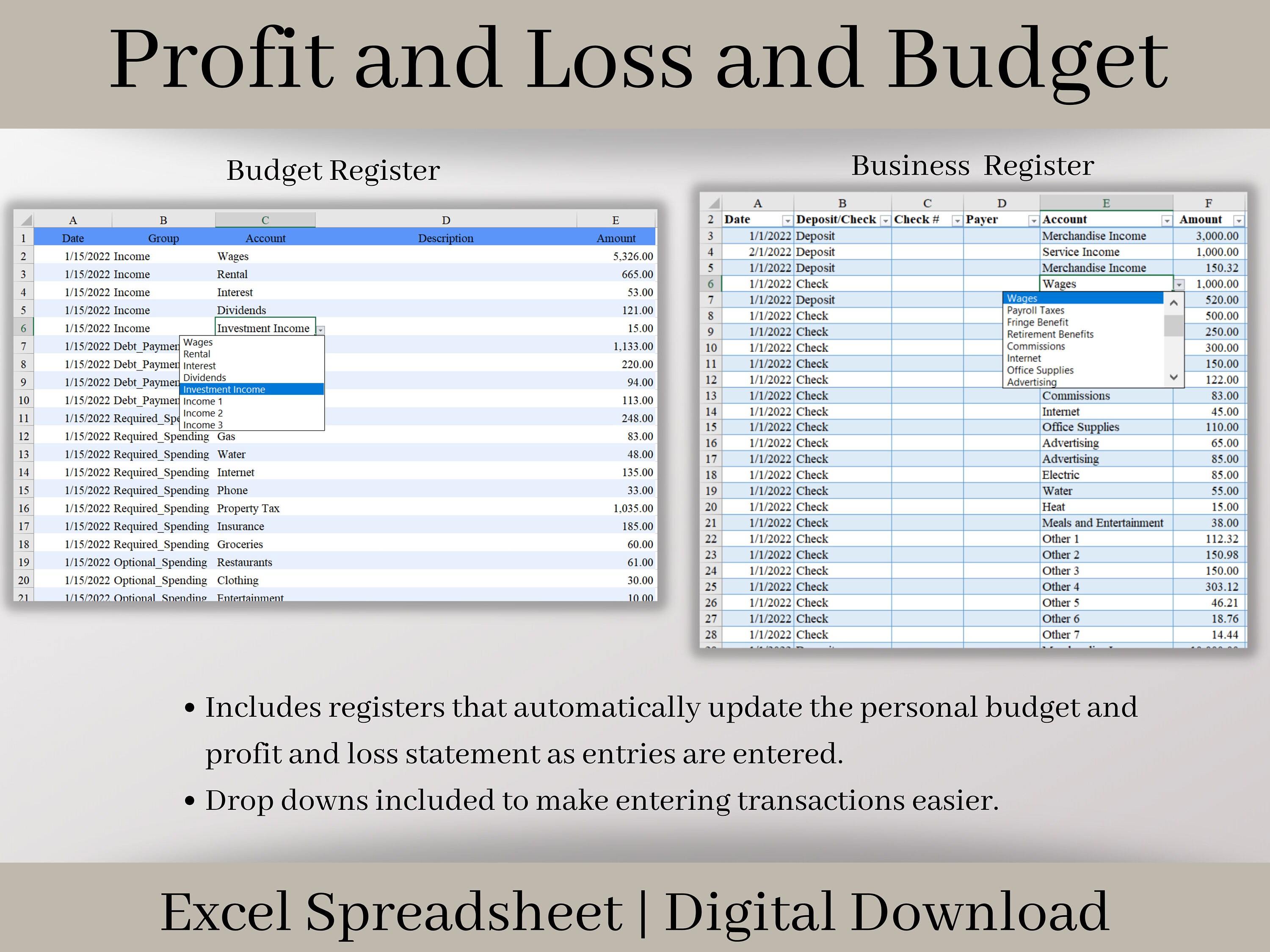 Profit and Loss and Monthly Budget Spreadsheet. Excel Spreadsheet ...