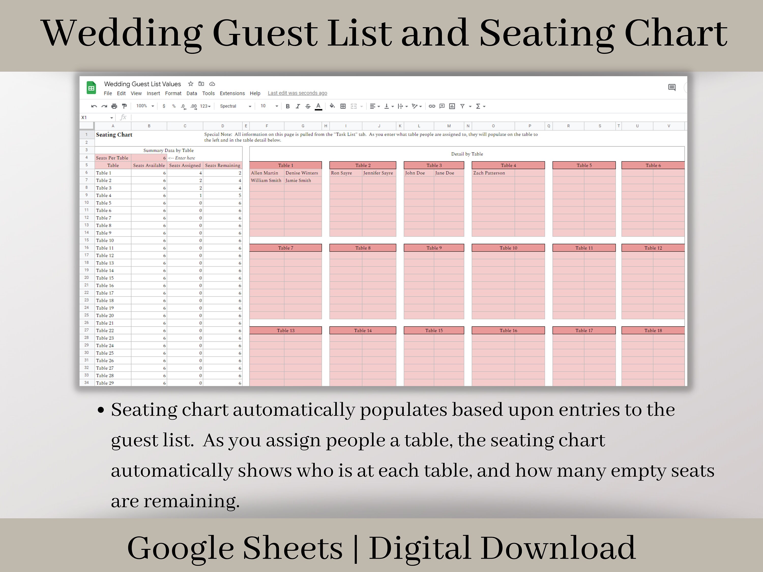 Wedding Guest List and Seating Chart Spreadsheet, Google Sheets, Plan ...
