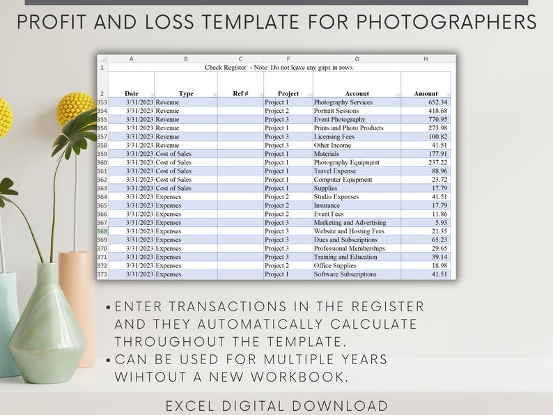 Photographer's Profit and Loss Excel Template: Project Management ...
