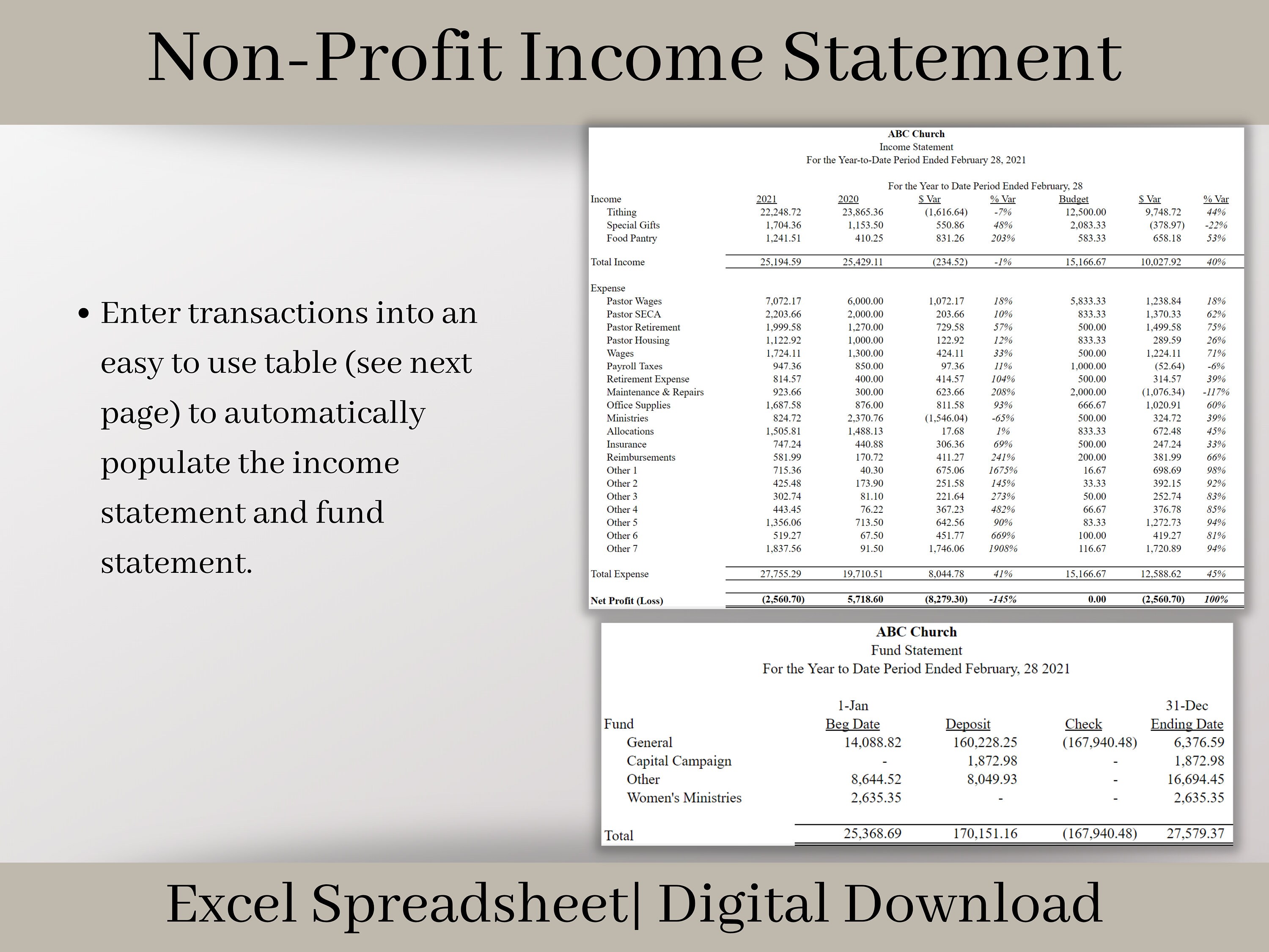 Non-profit Income Statement Excel Template: Charity, Church, Fundraiser ...