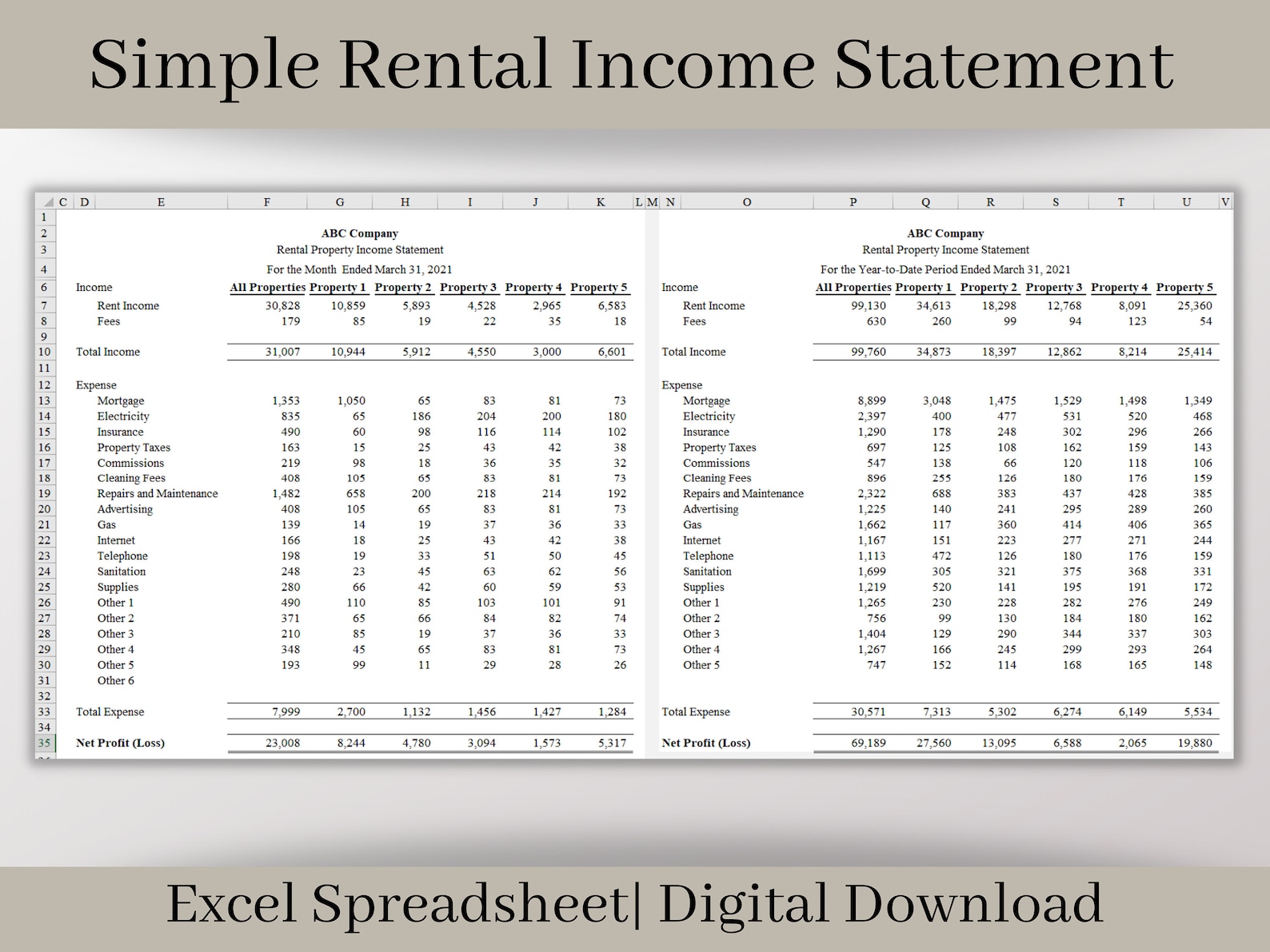 Rental Property Income Statement Excel Template: Landlord Profit & Loss ...