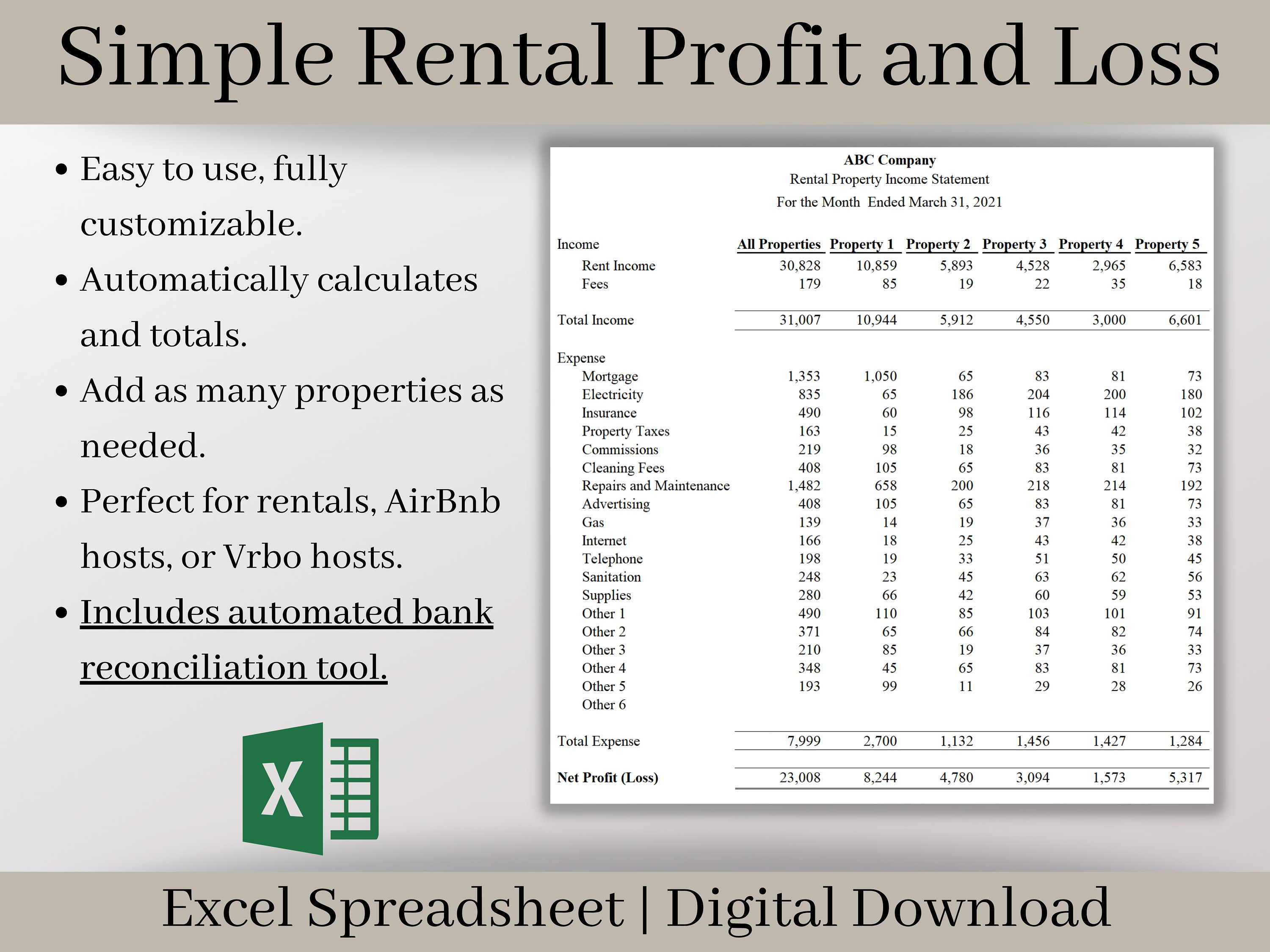 Rental Income Statement Spreadsheet and Bank Reconciliation Tool, Excel ...