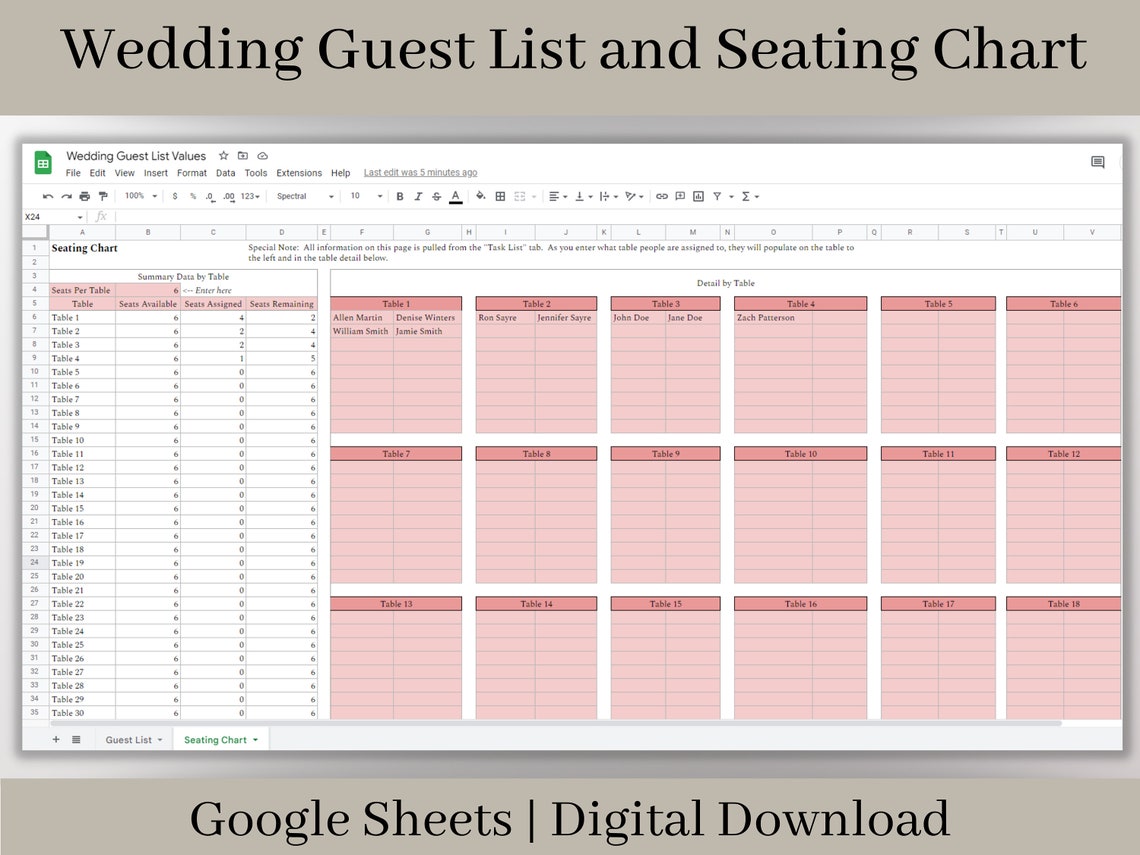 Wedding Guest List and Seating Chart Spreadsheet Google - Etsy
