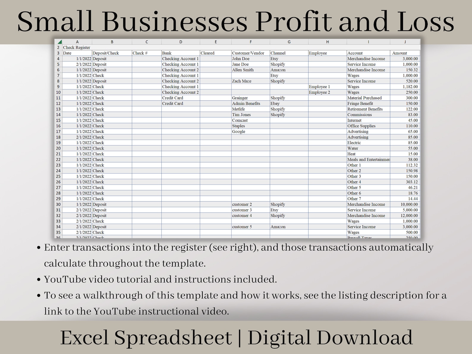 Small Business Bookkeeping Template Profit and Loss Excel - Etsy