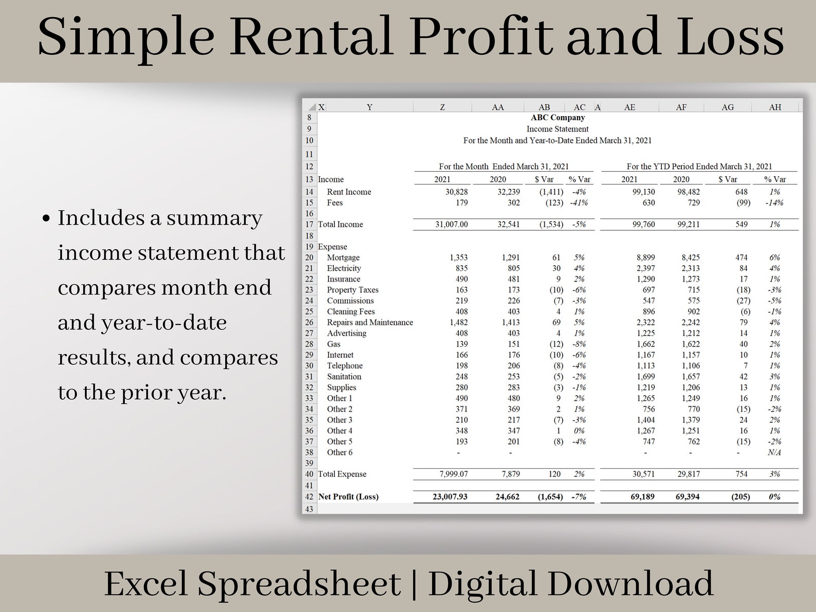 Rental Income Statement Spreadsheet and Bank Reconciliation Tool, Excel ...