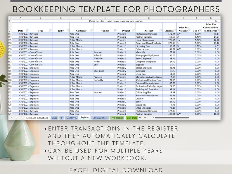 Photographer Bookkeeping Excel Template: Project Tracker (digital ...