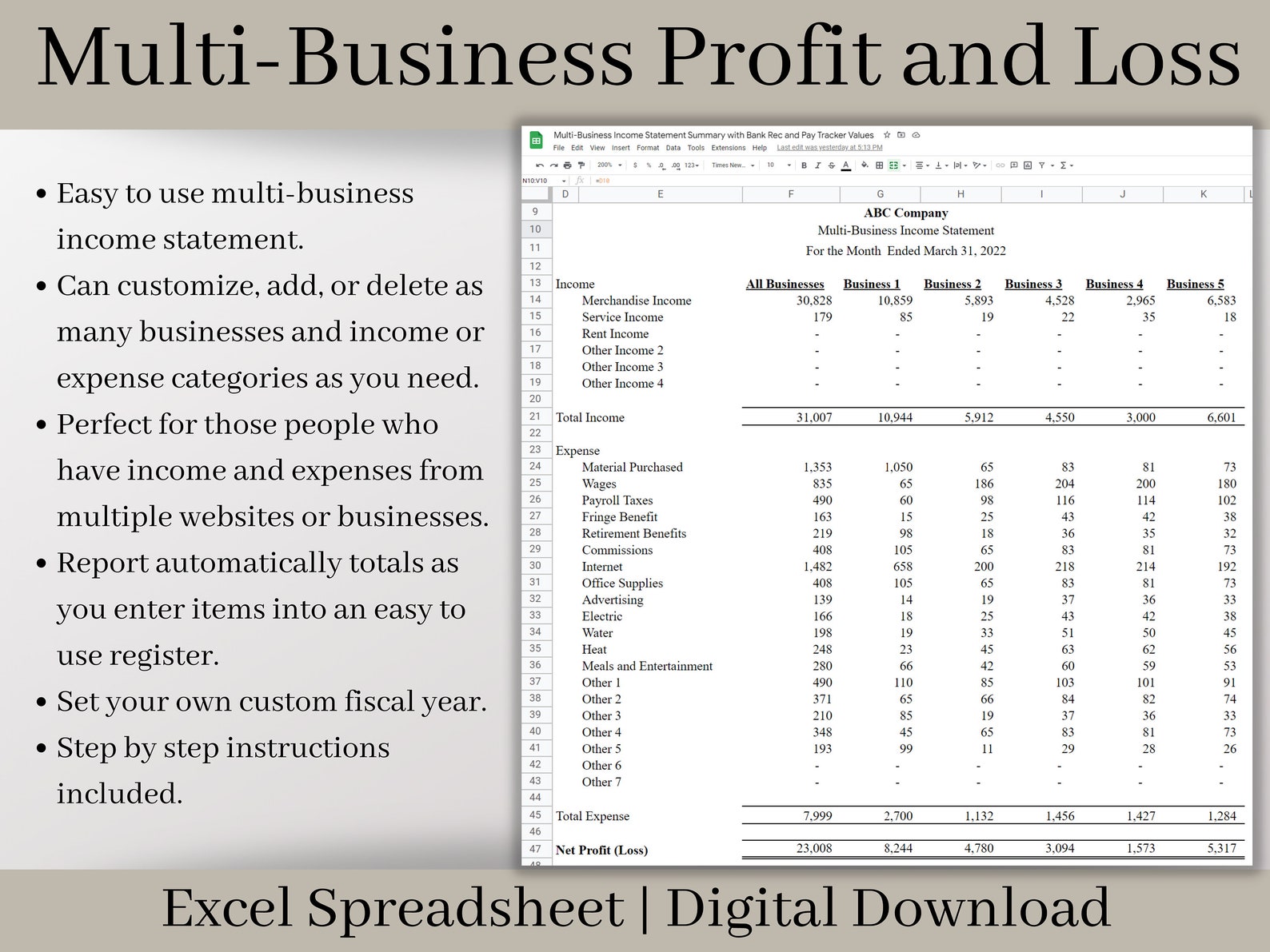 Multi-business Profit and Loss Spreadsheet, Google Sheets Small ...