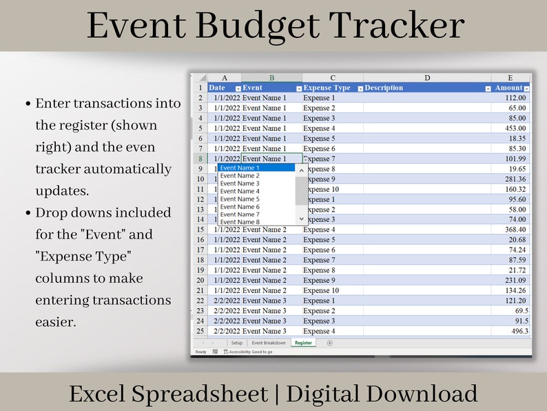 Event Expense Tracker: Excel Budget Template (digital Download) - Etsy